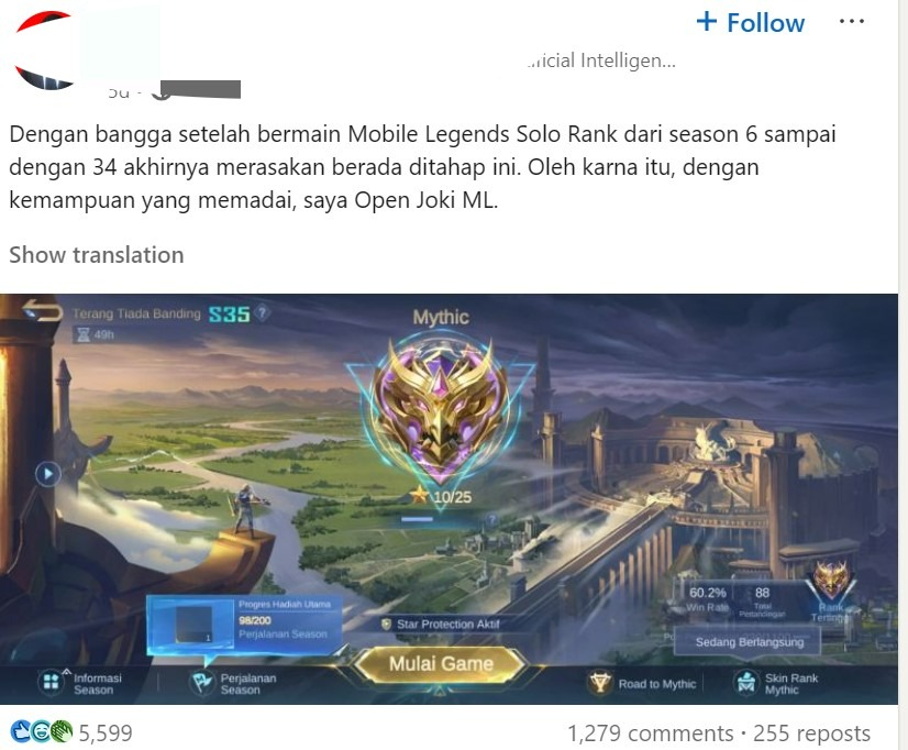 Agak Lain, Orang Ini Bagikan Pencapaiannya Tembus Mythic di LinkedIn